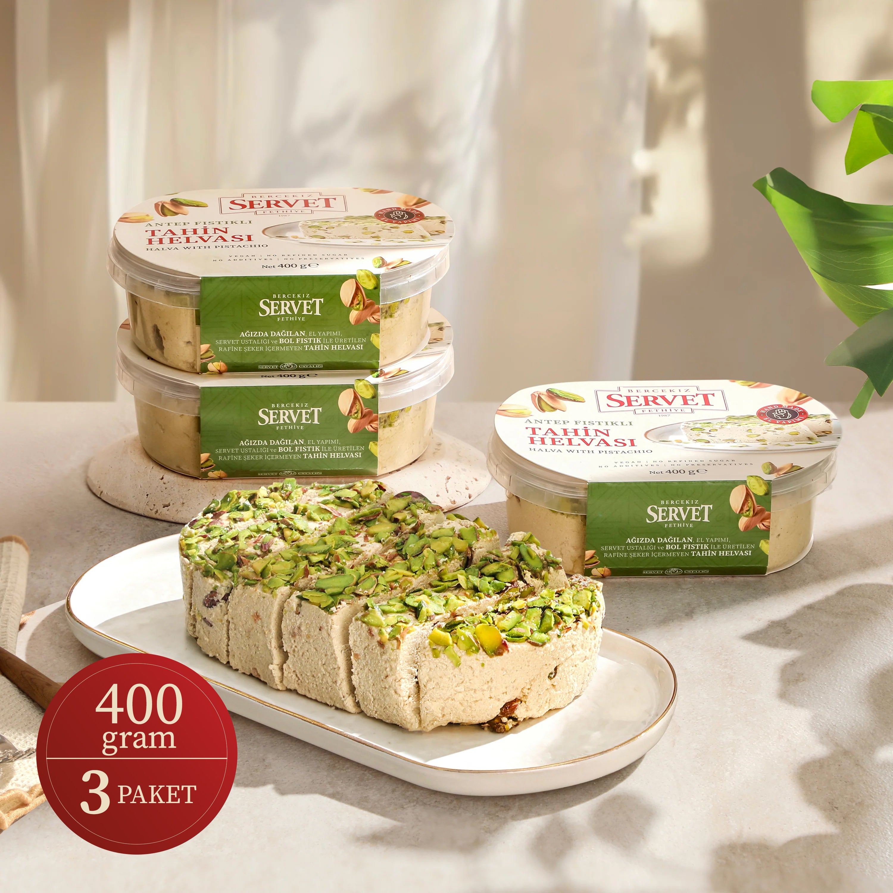 Rafine Şeker İlavesiz Antep Fıstıklı Taze Tahin Helvası 3'lü Paket – Servet
